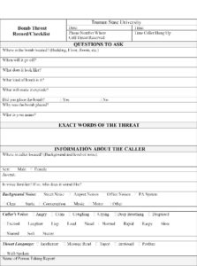 Bomb Threat Record - Checklist - Public Safety